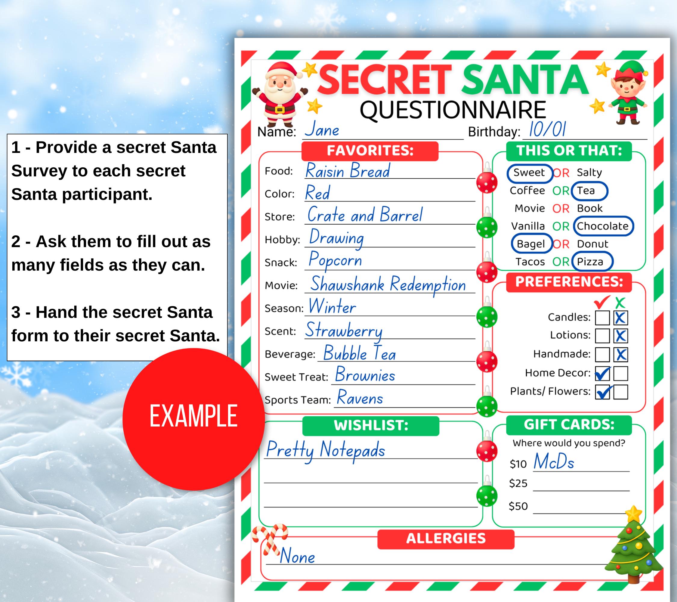 Coworker Secret Santa Questionnaire, Printable Secret Santa Questions ...