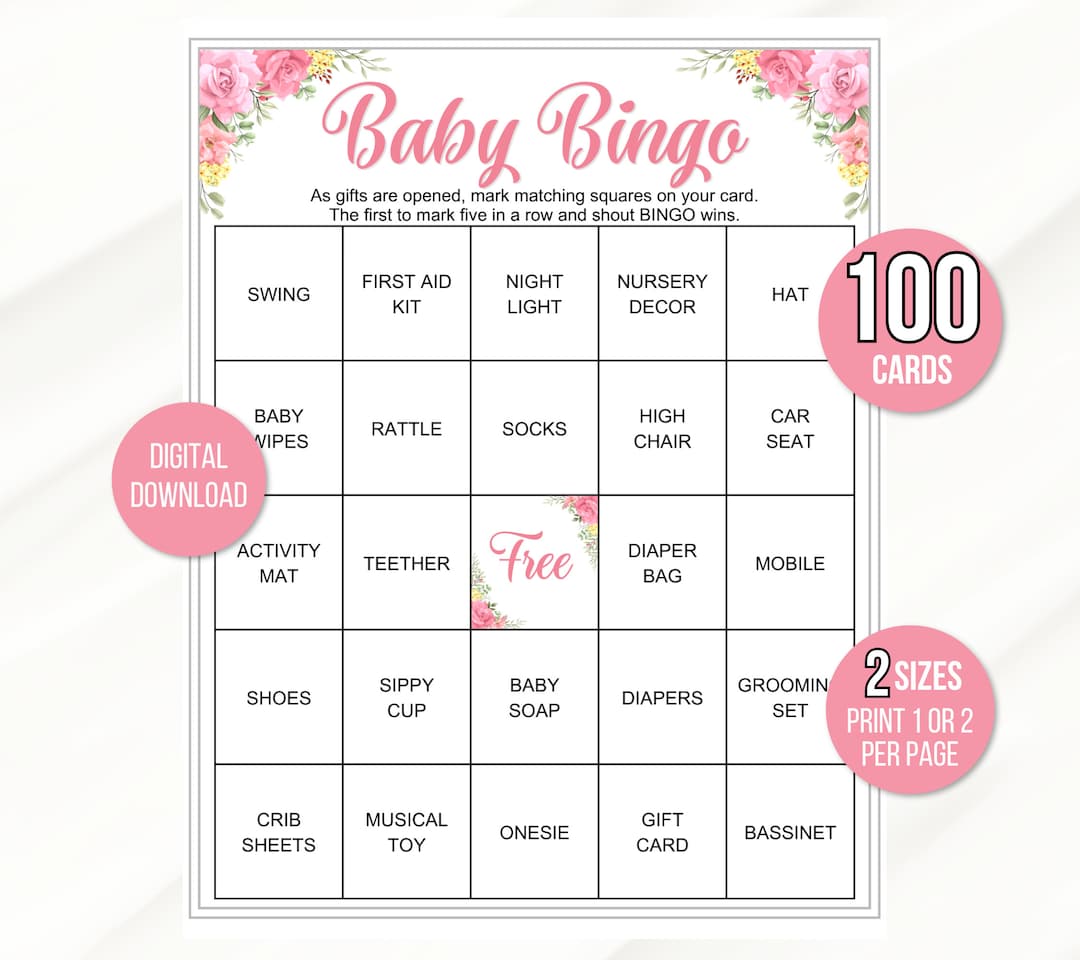 100 Baby Shower Bingo Cards, Baby Girl Bingo Game Cards, Baby Gift ...