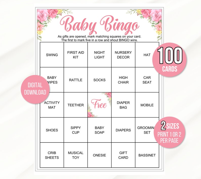 100 Baby Shower Bingo Cards, Baby Girl Bingo Game Cards, Baby Gift ...