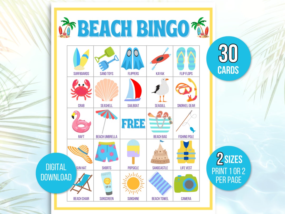 Beach Bingo, Fun in the Sun Bingo, 30 Printable Beach Bingo Cards ...