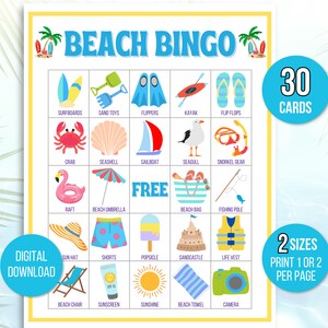 Beach Bingo, Fun in the Sun Bingo, 30 Printable Beach Bingo Cards ...