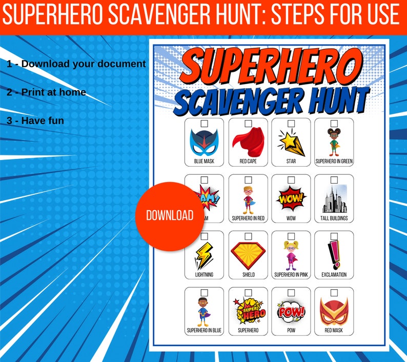 Superhero Scavenger Hunt, Superhero Game, Superhero Birthday, Superhero ...