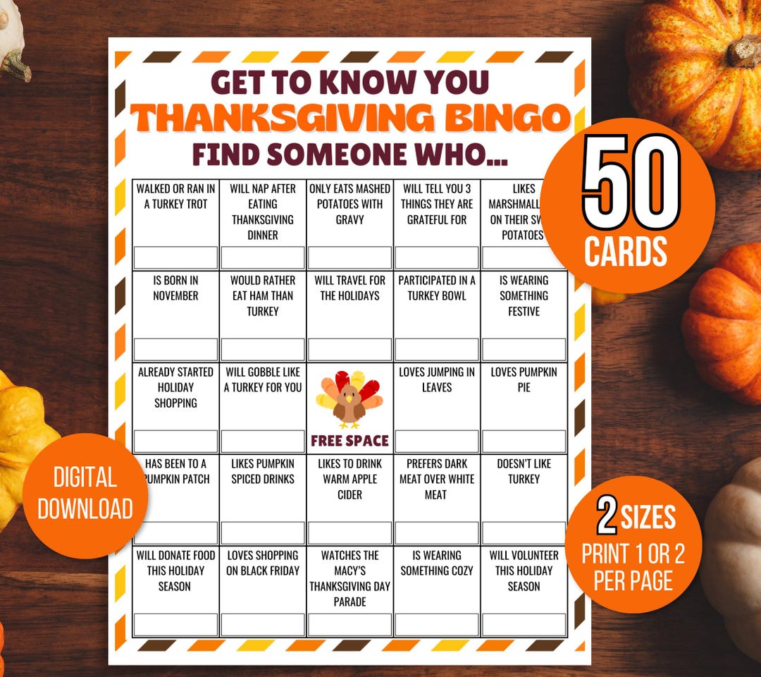 Thanksgiving Get to Know You Bingo, Find Someone Who Bingo, Find the ...