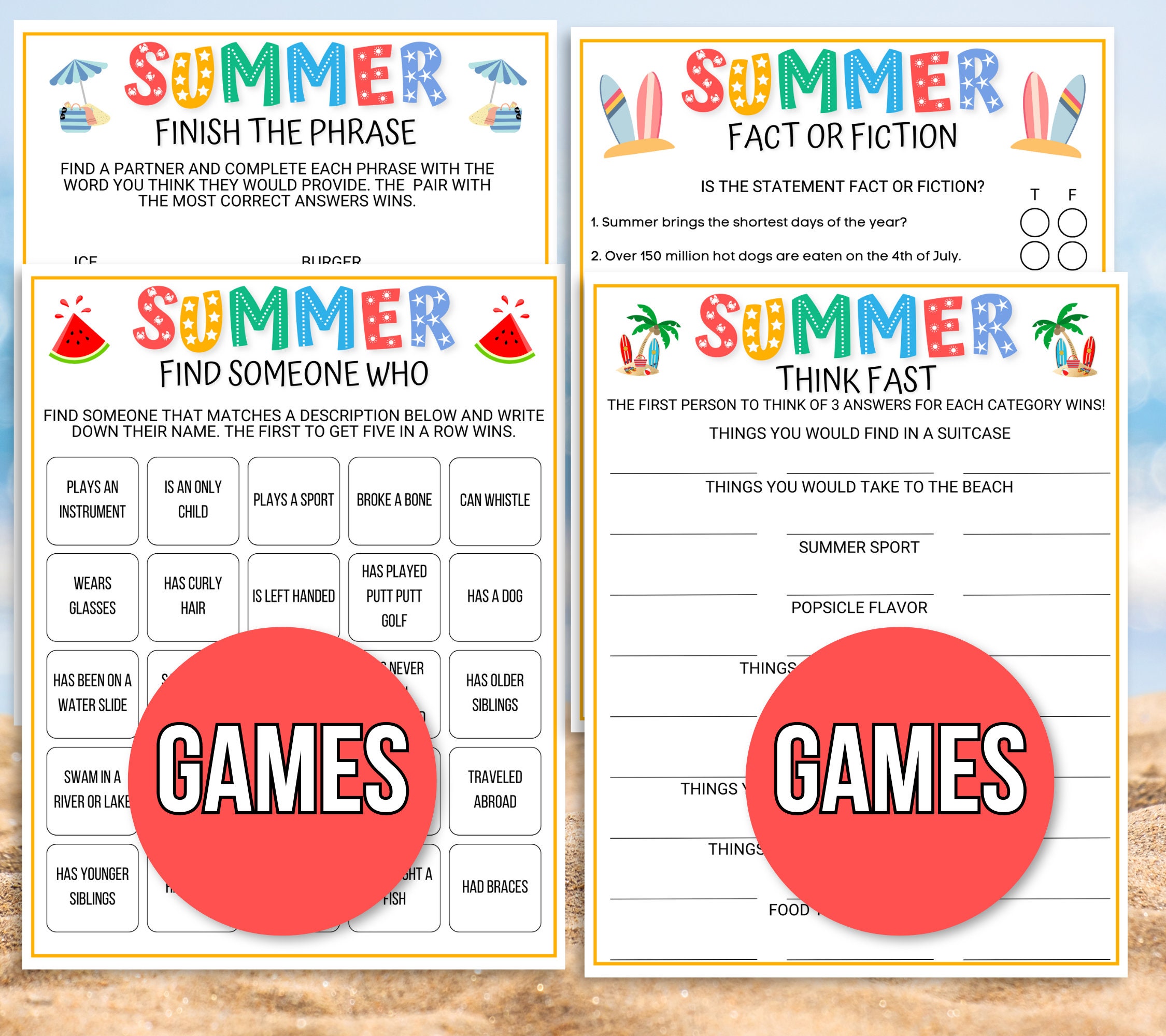 Summer Games Bundle, Summer Activities, Summer Party Games, Summer Game ...