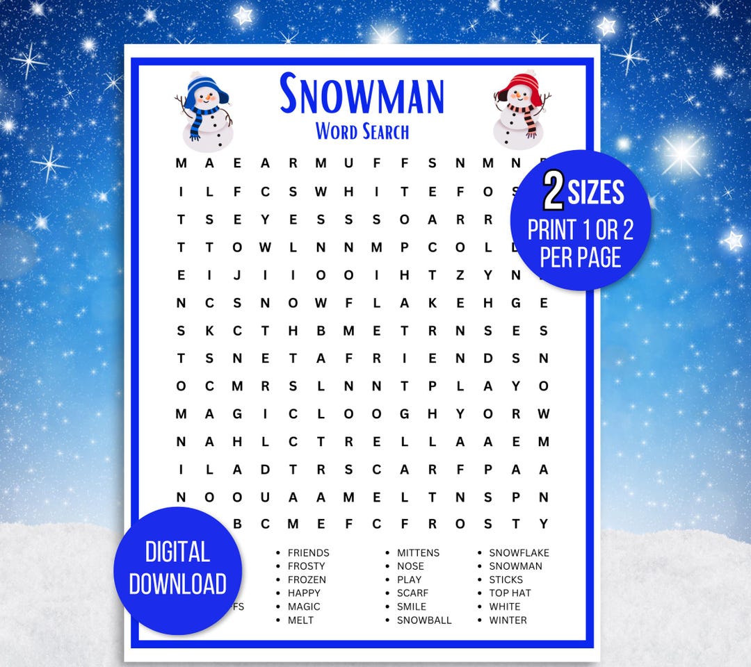Snowman Word Search, Fun Snowman Game, Printable Snowman Game, Snowman ...