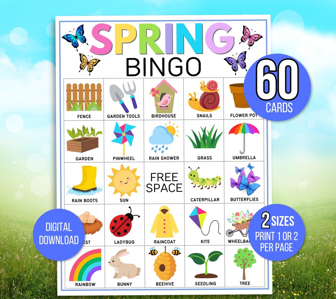 Spring Bingo, 60 Printable Spring Bingo Cards, Spring Party Game ...