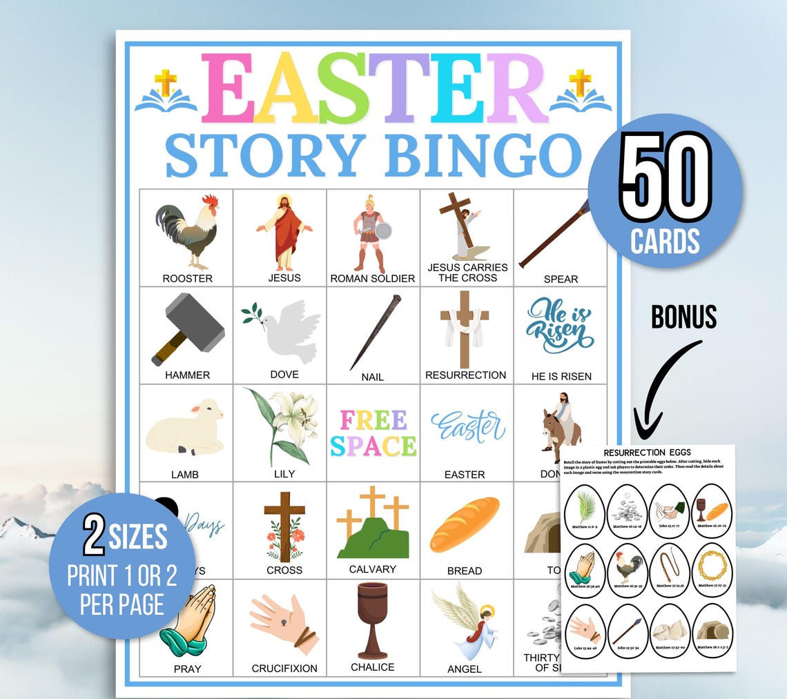 Easter Story Bingo, 50 Religious Easter Bingo Cards, Easter Bible Bingo ...