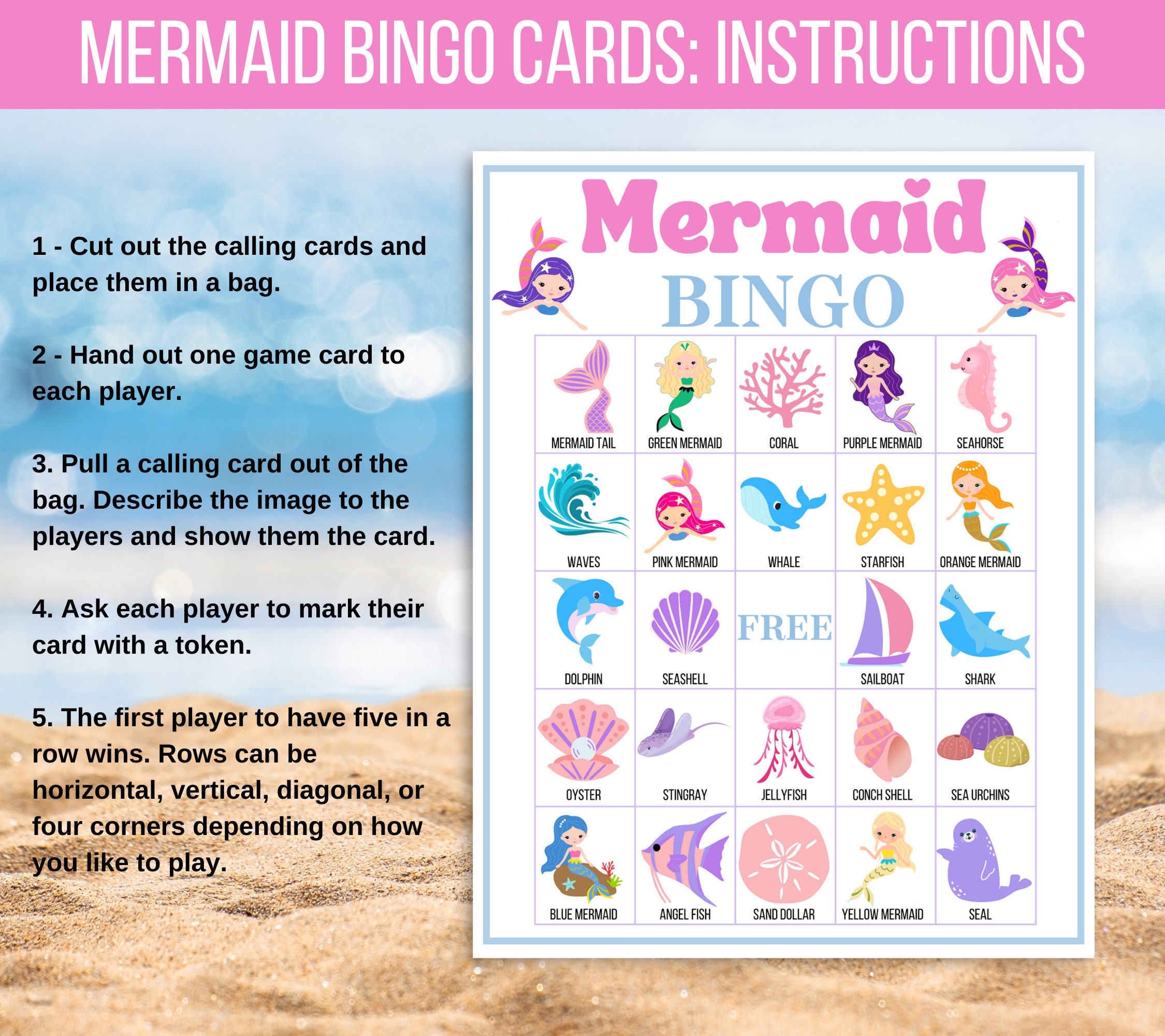 Mermaid Bingo, 30 Printable Mermaid Bingo Cards, Mermaid Game, Mermaid ...