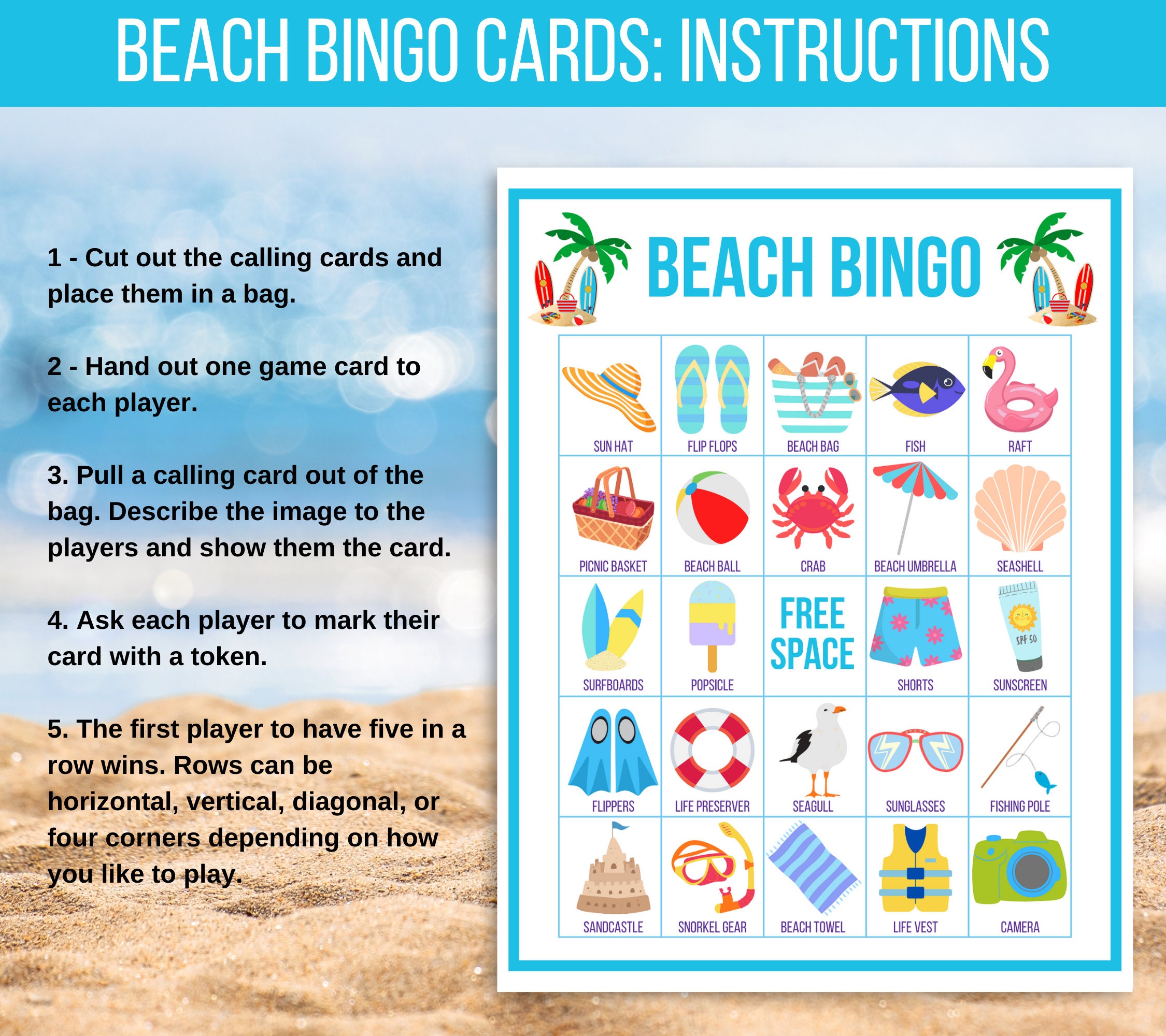 Beach Bingo, Fun in the Sun Bingo, 30 Printable Beach Bingo Cards ...