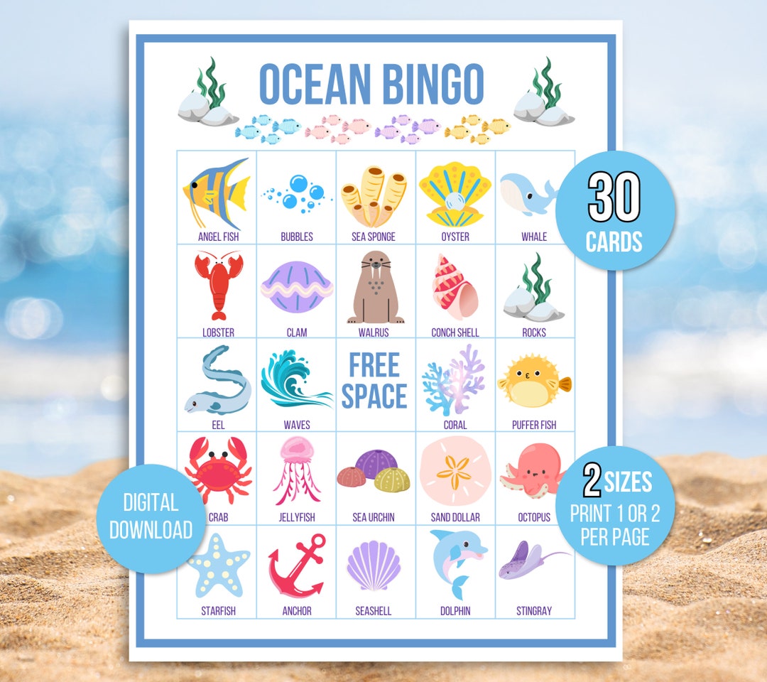 Ocean Bingo, Under the Sea Bingo, 30 Printable Ocean Bingo Cards, Ocean ...