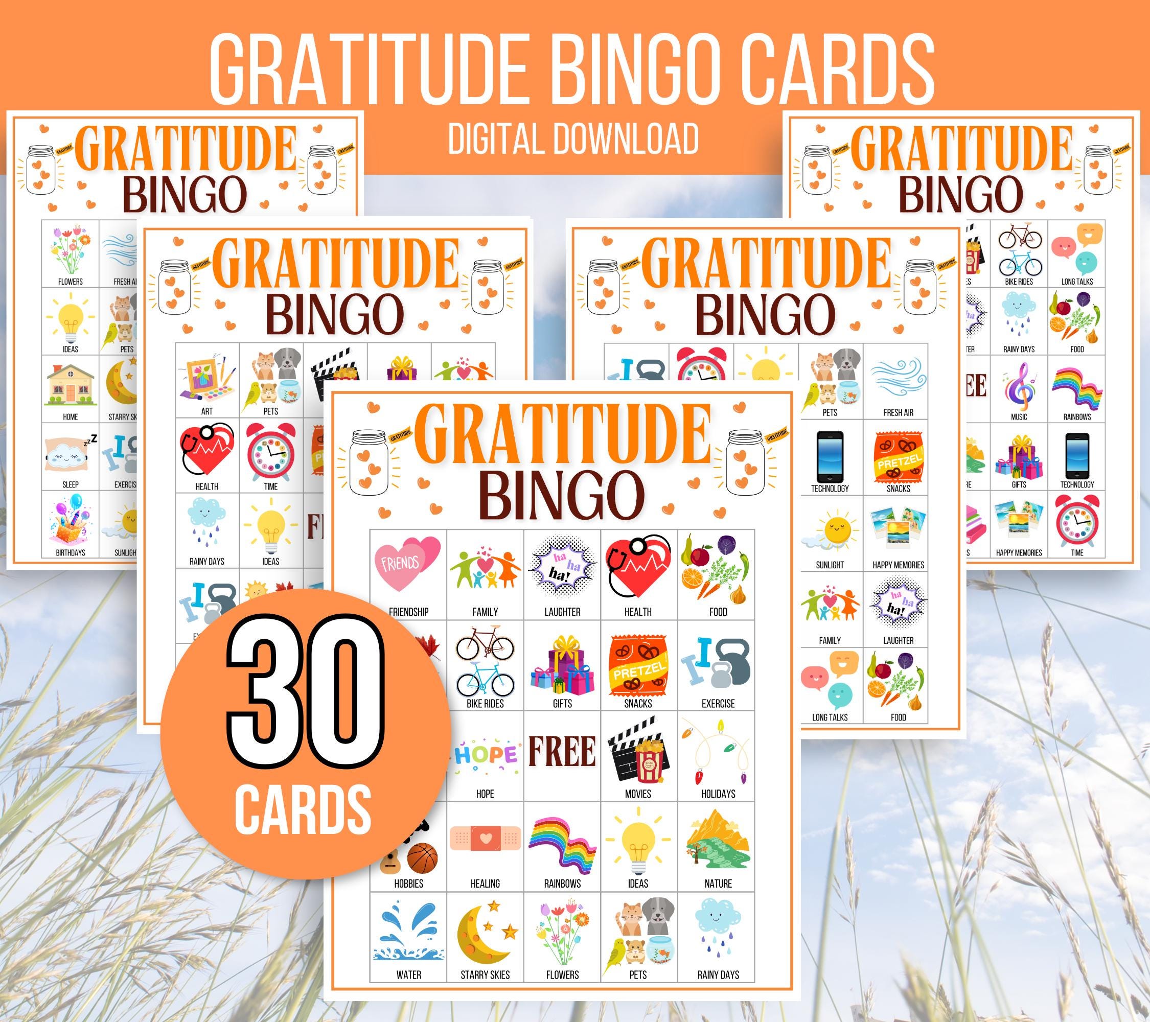 Gratitude Bingo, 30 Thanksgiving Bingo Cards, Thanksgiving Games ...