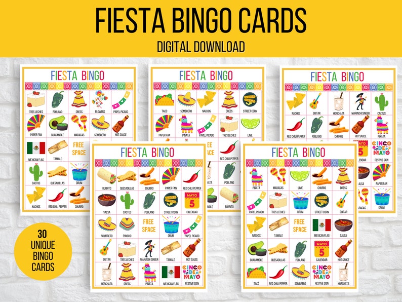 Fiesta Bingo 30 Printable Fiesta Bingo Cards Fiesta Activity - Etsy