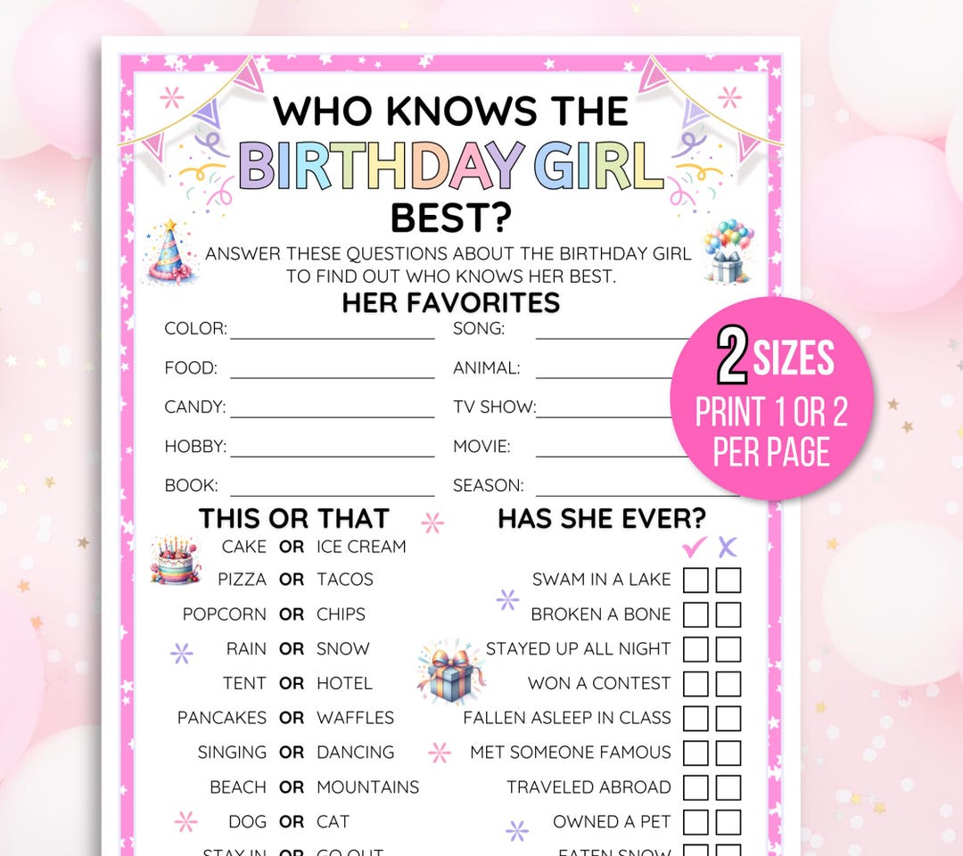 Who Knows the Birthday Girl Best, Birthday Party Game, Birthday Game ...