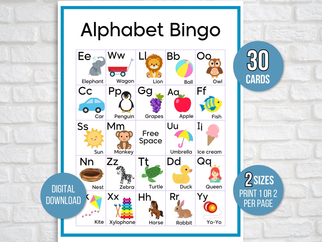 Picture Alphabet Bingo, 30 Printable Alphabet Bingo Cards, ABC Practice ...