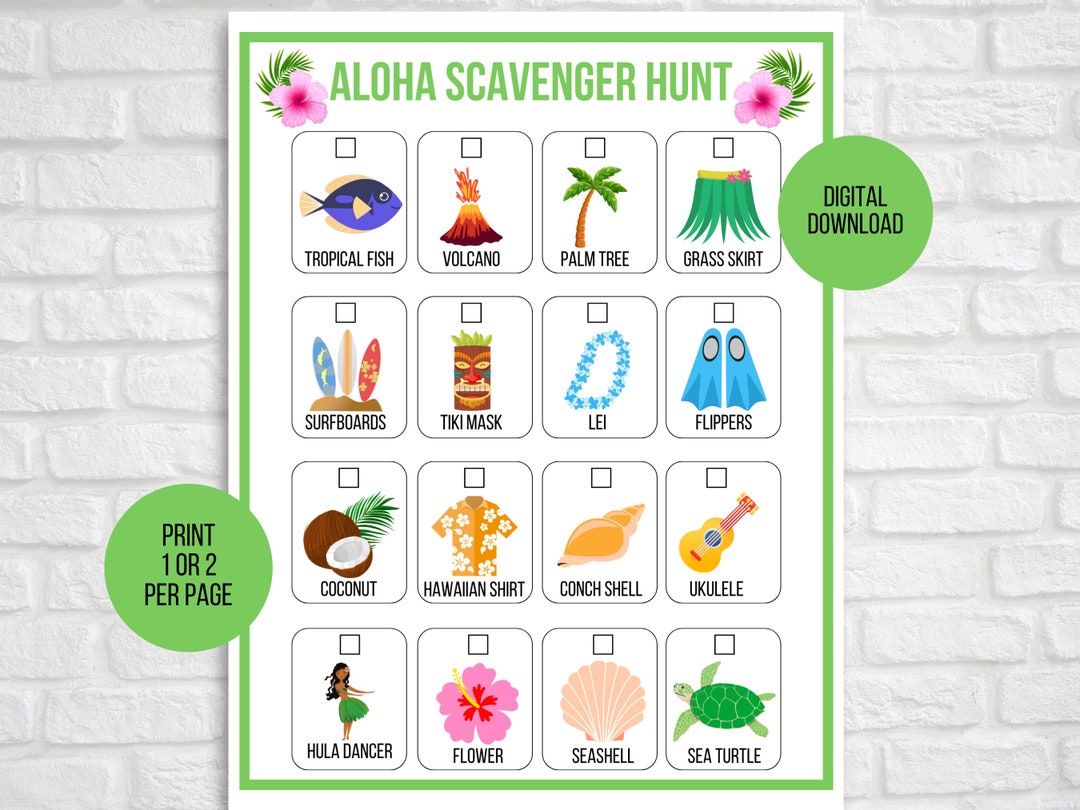 Aloha Scavenger Hunt, Printable Aloha Party Game, Aloha Birthday, Aloha ...