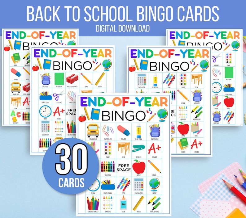 End of Year Bingo, 30 End of Year Bingo Cards, Last Day of School Bingo ...