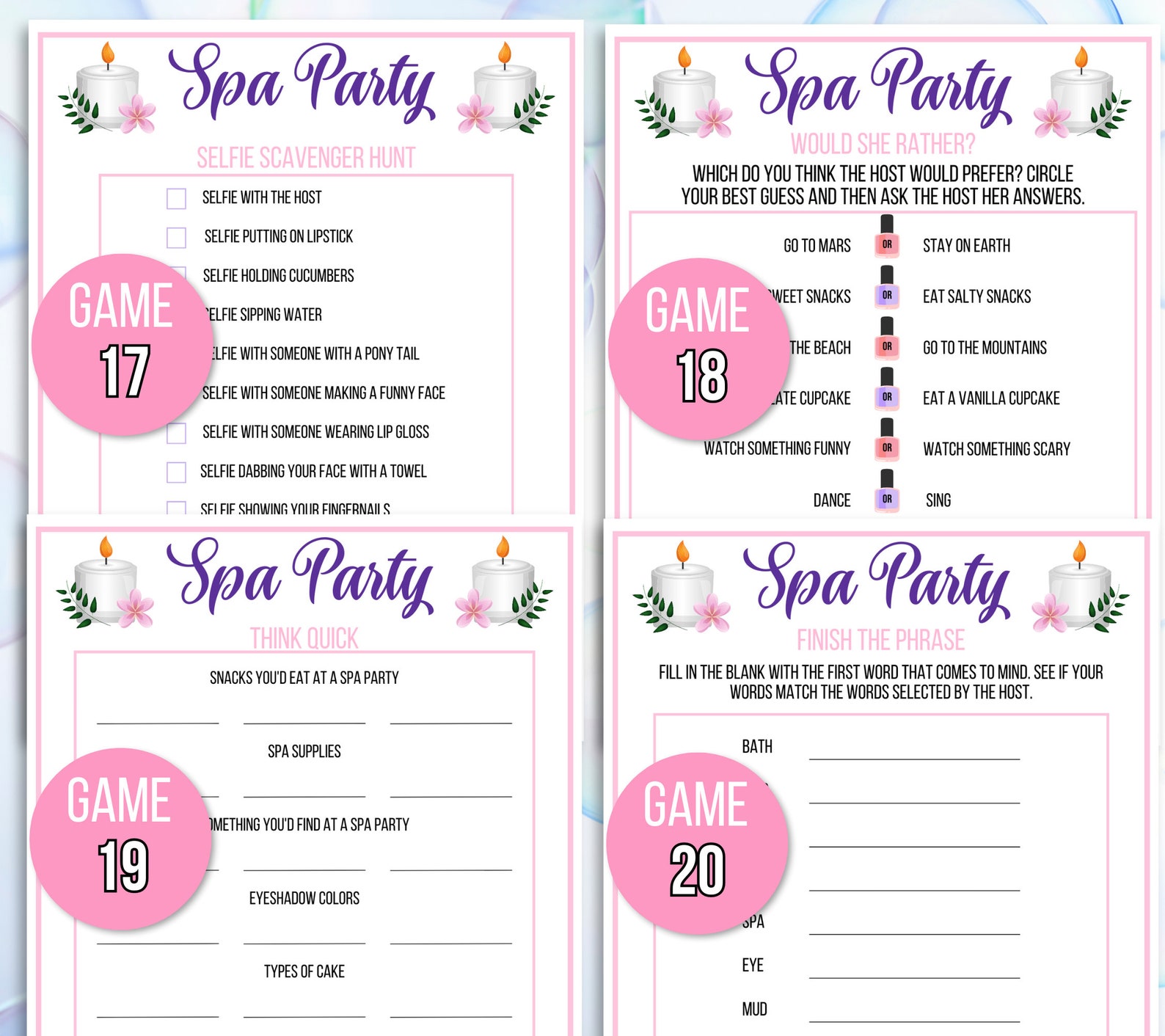 Spa Party Games Printable, Spa Party Activities, Girls Spa Party Games ...
