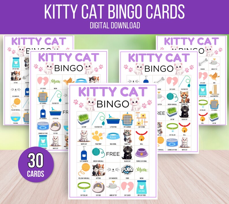 Cat Bingo, 30 Printable Kitty Cat Bingo Cards, Cat Birthday Party Game ...