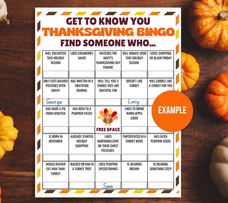 Thanksgiving Get to Know You Bingo, Find Someone Who Bingo, Find the ...