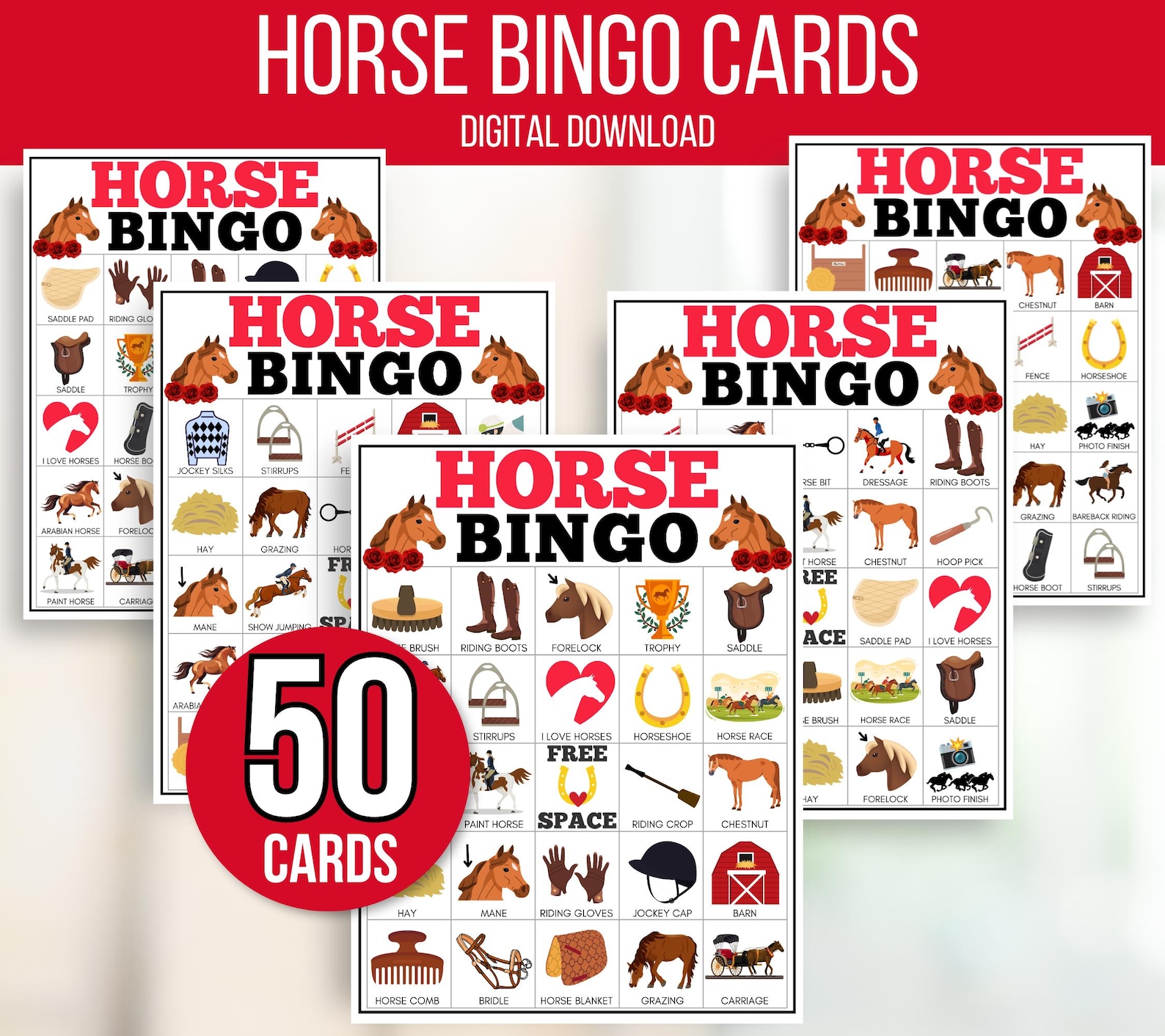 Horse Bingo, 50 Horse Bingo Cards, Horse Game, Horse Game for Kids ...