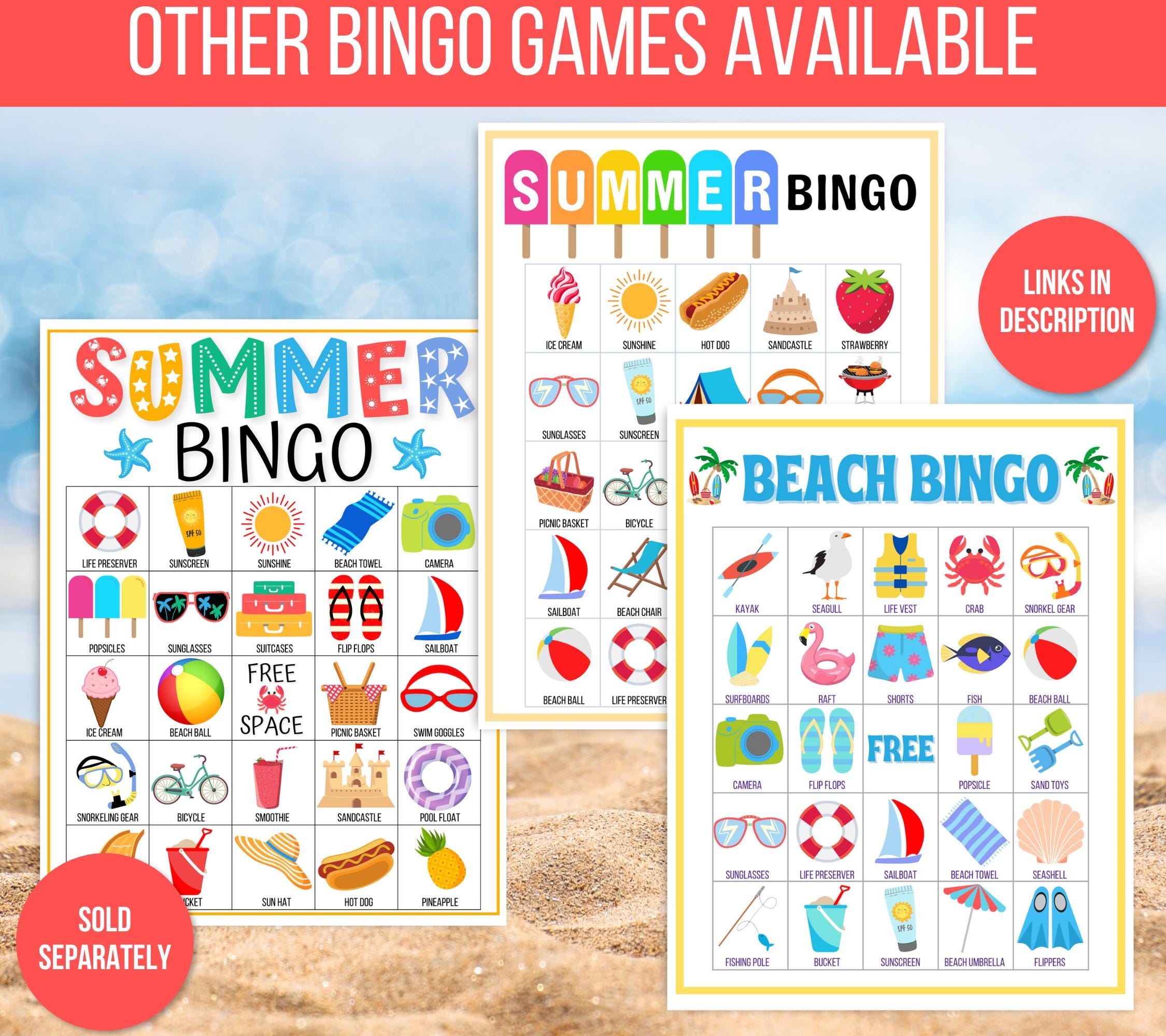 Beach Bingo, 60 Printable Beach Bingo Cards, Summer Bingo, Fun in the ...