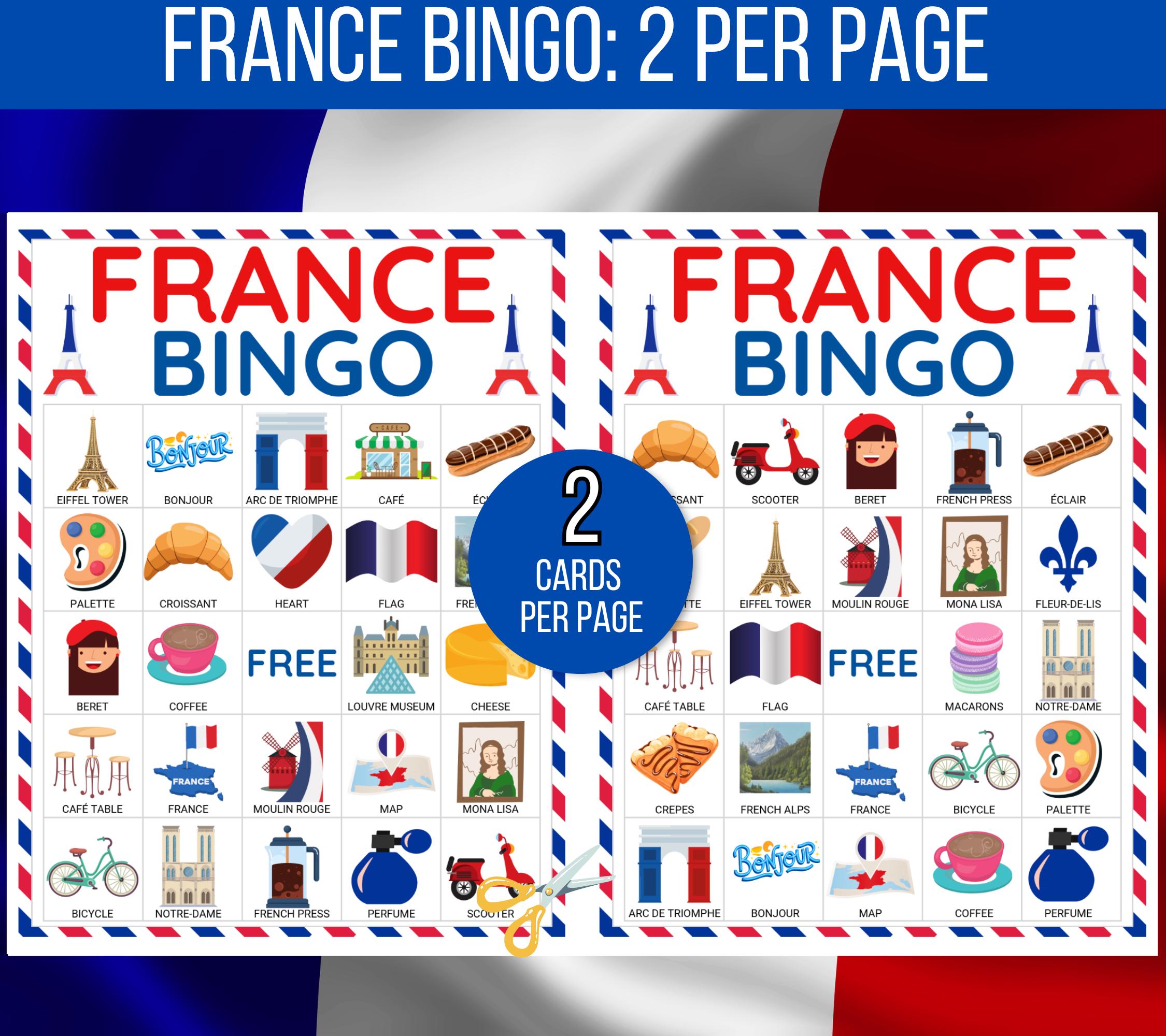 France Bingo, 30 France Bingo Cards, Travel Bingo, French Bingo, Travel ...