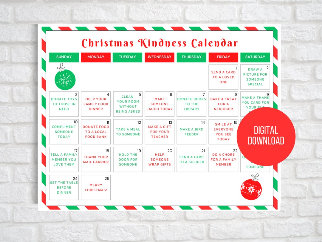 Christmas Acts of Kindness Calendar, Kids Advent Calendar, Kindness ...
