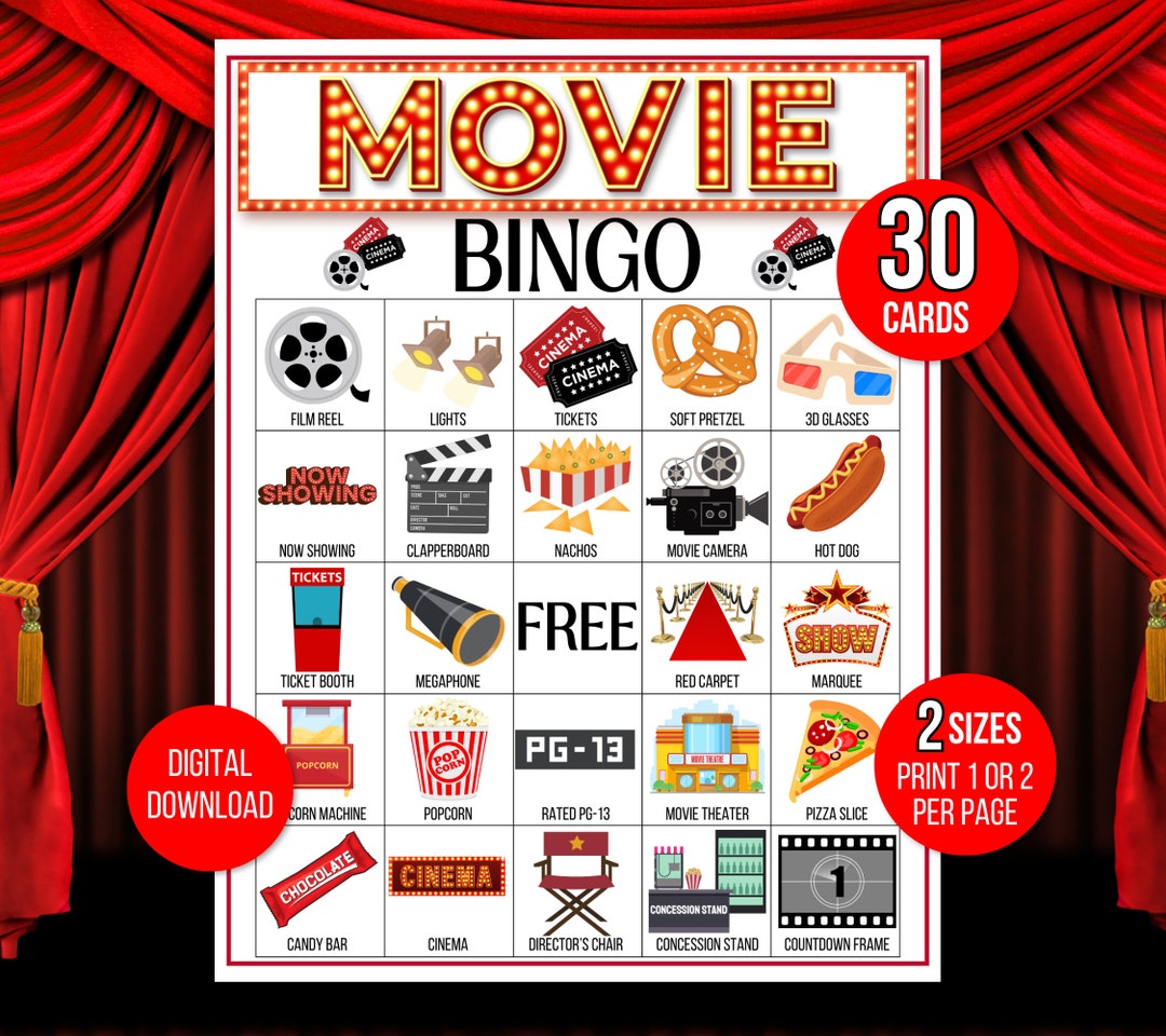 Movie Bingo, 30 Movie Bingo Cards, Movie Night Bingo, Cinema Bingo ...