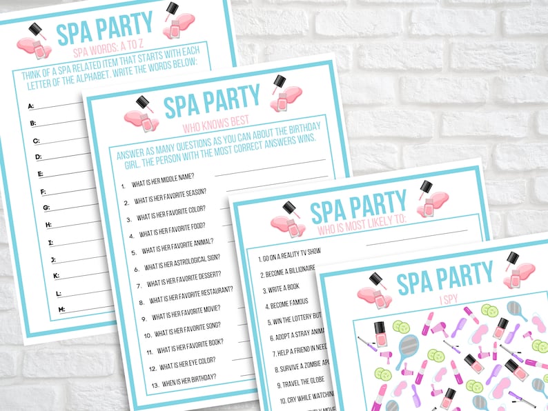 Spa Party Games Printable, Spa Party Activities, Girls Spa Party Games ...