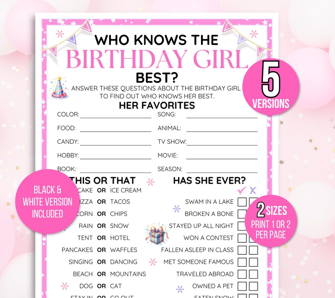Who Knows the Birthday Girl Best, Birthday Party Game, Birthday Game ...