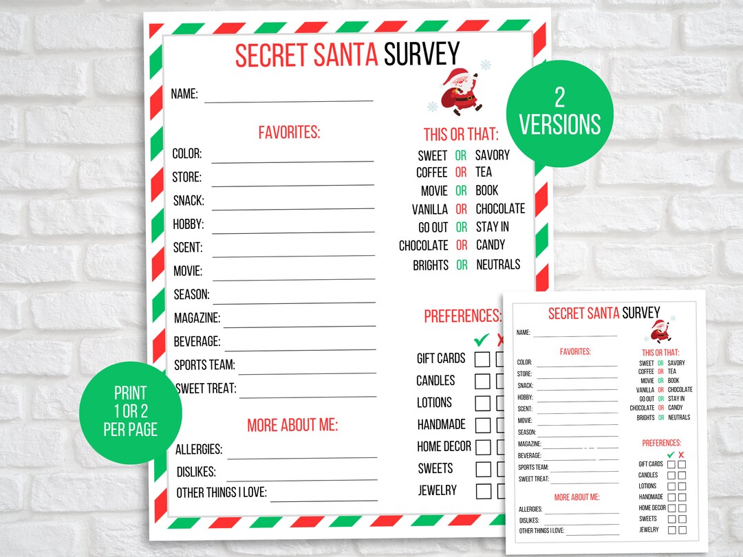 Secret Santa Questionnaire, Printable Secret Santa Questions, Gift ...