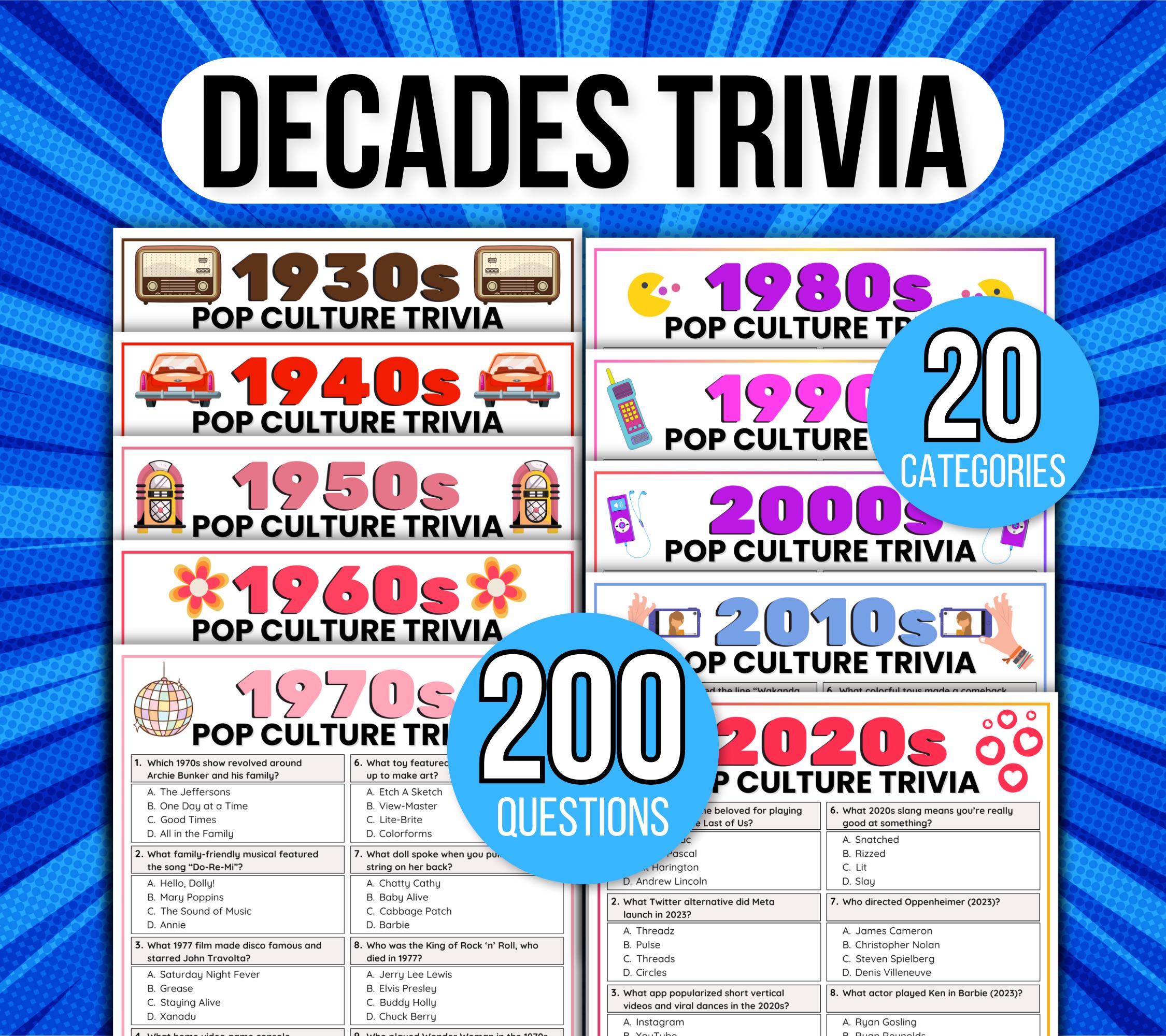 Decades Trivia, Decades Game Bundle, Decade Trivia Night Games, Decades ...