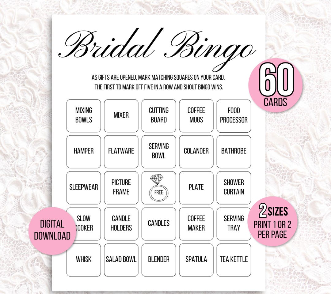 60 Bridal Bingo Cards, Unique Prefilled Bridal Bingo Game Cards, Bridal ...