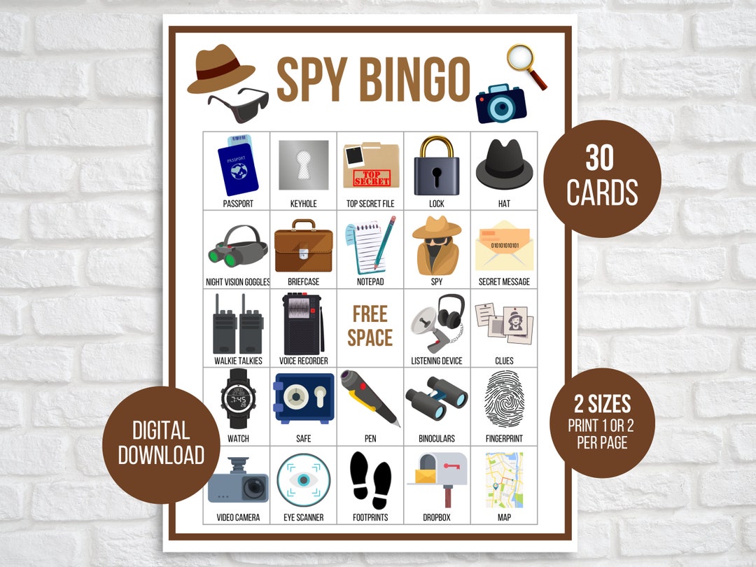 Spy Bingo, 30 Printable Spy Bingo Cards, Spy Party Game, Spy Activity ...