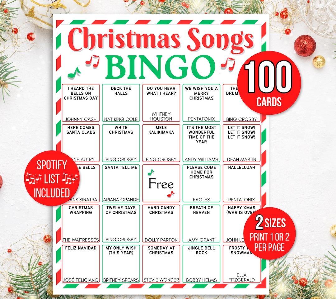 Christmas Songs Bingo, 100 Printable Christmas Songs Bingo Cards ...