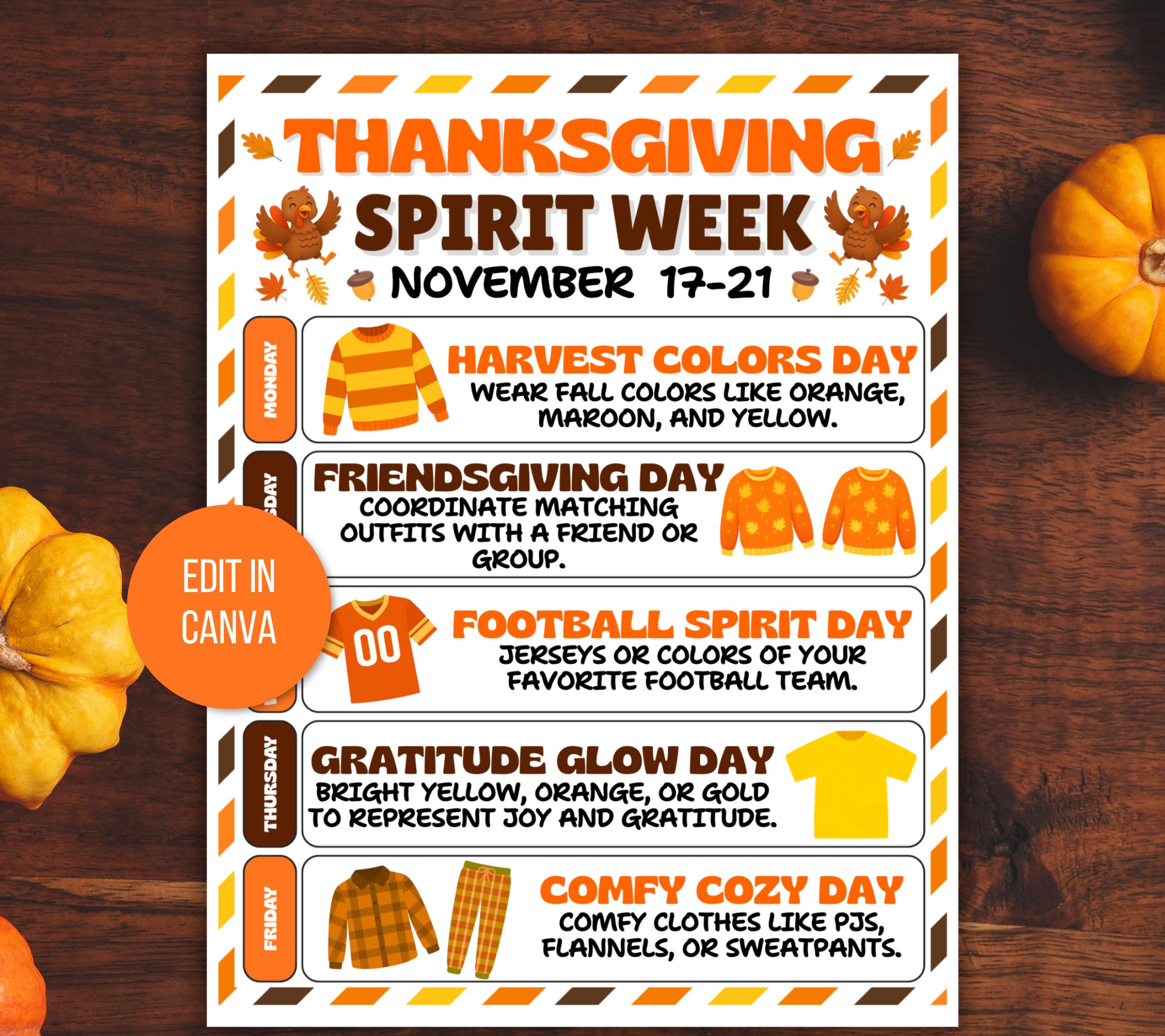 Customizable Thanksgiving School Spirit Week Flyer, Customizable ...