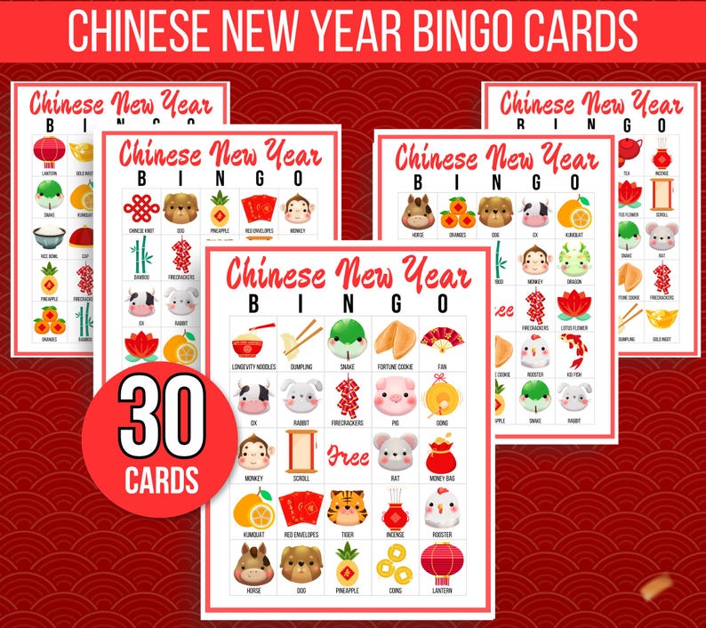 Chinese New Year Bingo, 30 Chinese New Year Bingo Cards, Chinese New ...