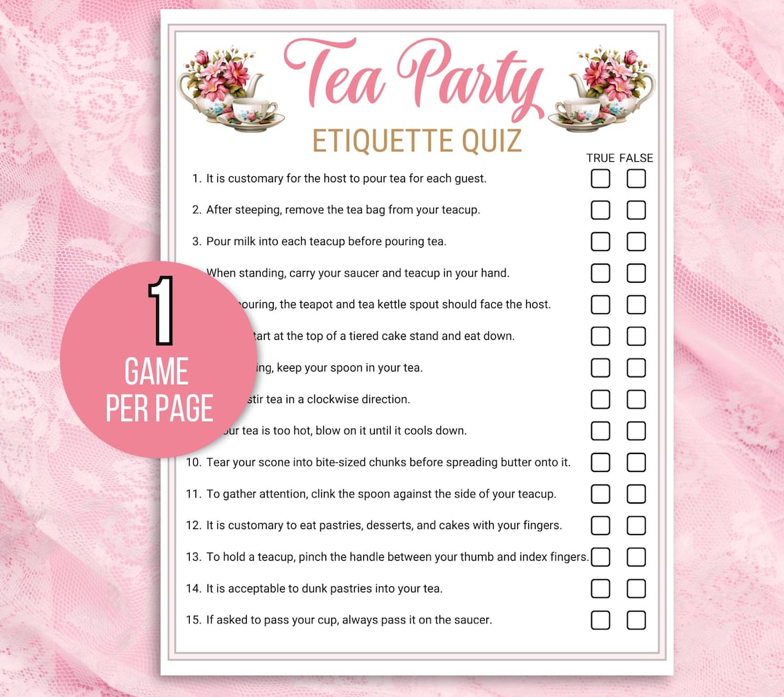 Tea Party Etiquette Game, Tea Party Quiz, Tea Etiquette Game, Tea Party ...