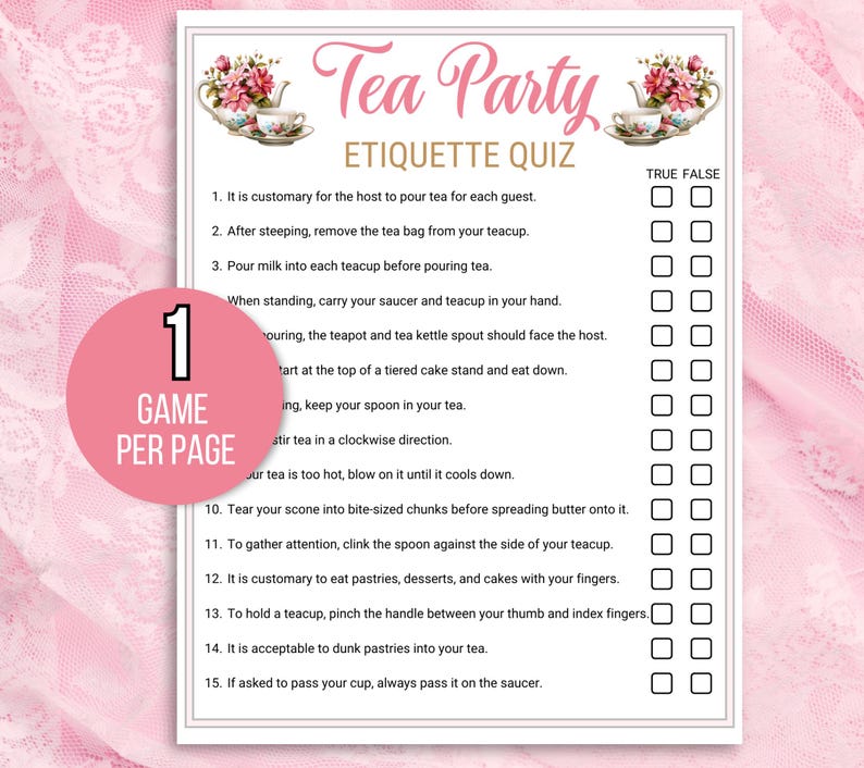 Tea Party Etiquette Game, Tea Party Quiz, Tea Etiquette Game, Tea Party ...