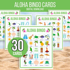 Aloha Bingo, Luau Bingo, Hawaiian Bingo, 30 Printable Luau Bingo Cards ...