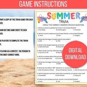 Summer Trivia Game, Summer Trivia Quiz, Printable Summer Game, Summer ...