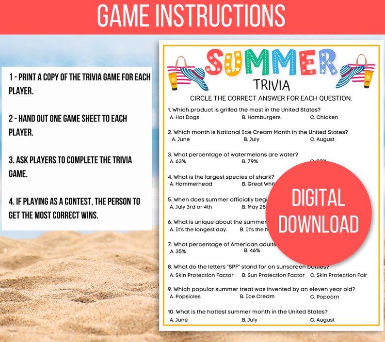 Summer Trivia Game, Summer Trivia Quiz, Printable Summer Game, Summer ...