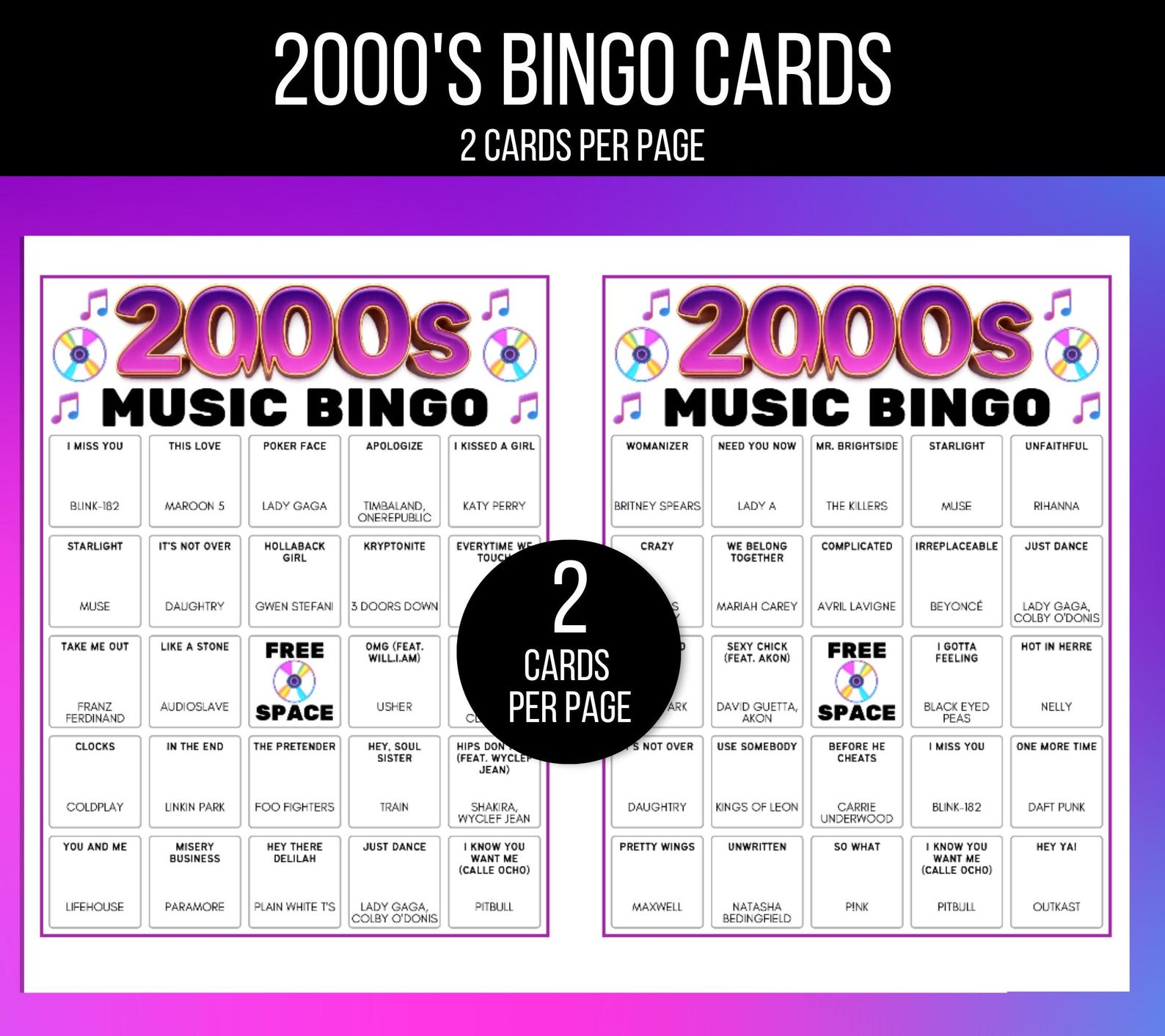 2000s Bingo, 2000s Song Bingo, 2000s Music Bingo, 2000s Retro Bingo ...