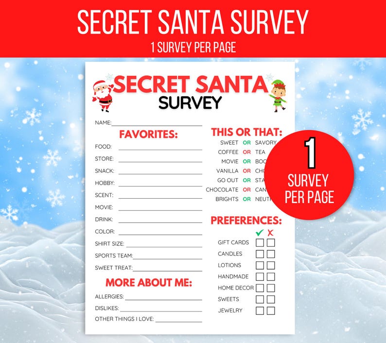 Secret Santa Questionnaire, Printable Secret Santa Survey, Gift ...