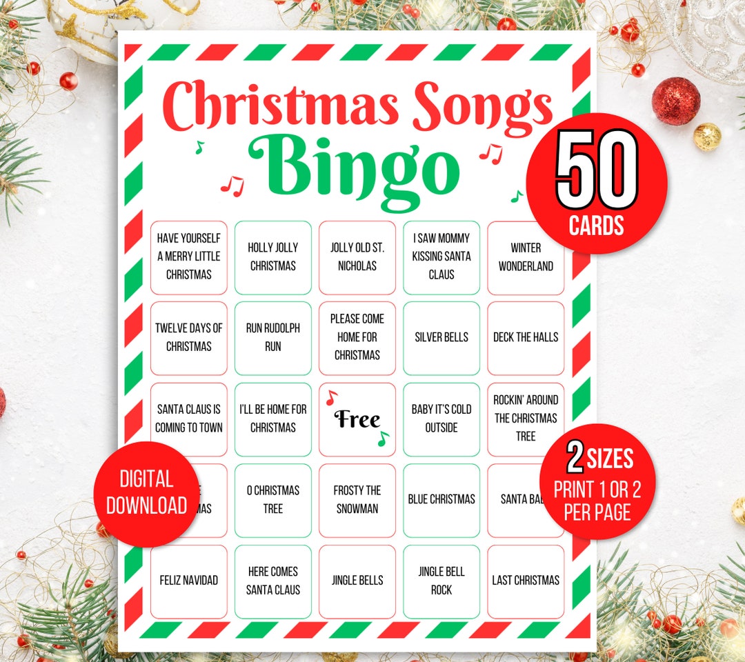 Christmas Songs Bingo, 50 Printable Christmas Songs Bingo Cards ...