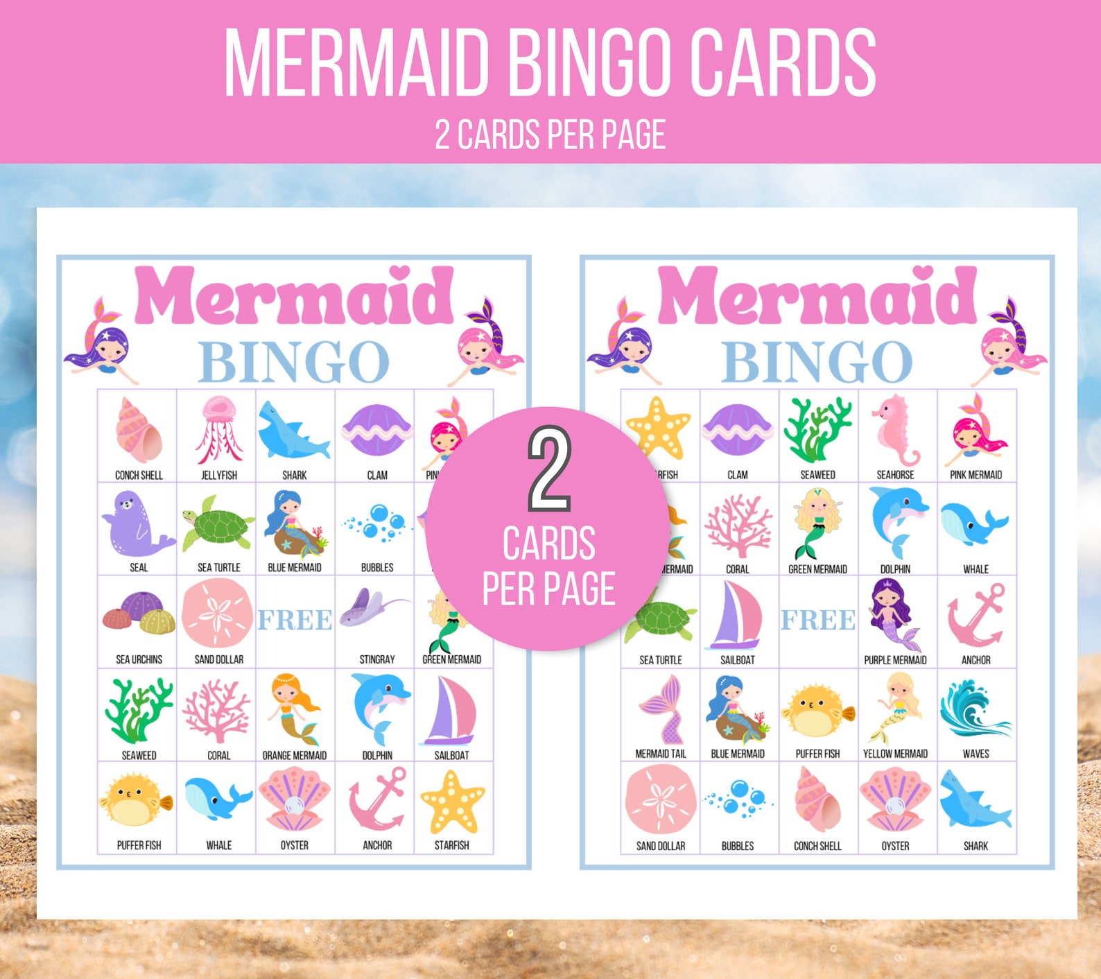 Mermaid Bingo, 30 Printable Mermaid Bingo Cards, Mermaid Game, Mermaid ...