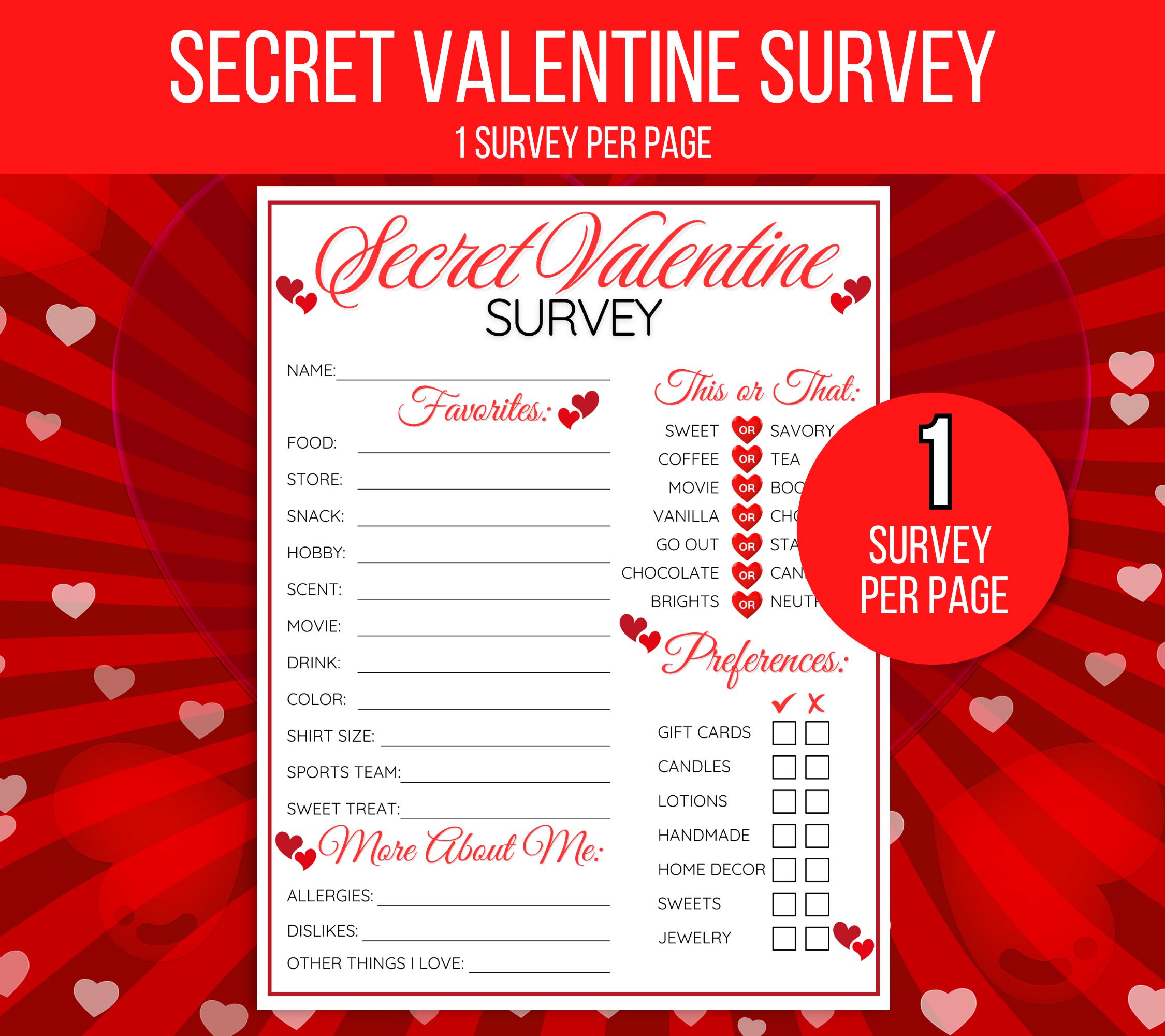 Secret Valentine Survey, Secret Valentine Gift Exchange, Printable ...