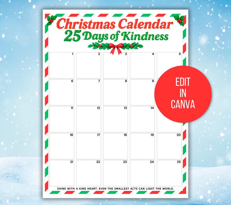 25 Days of Kindness Calendar, Christmas Acts of Kindness Calendar ...