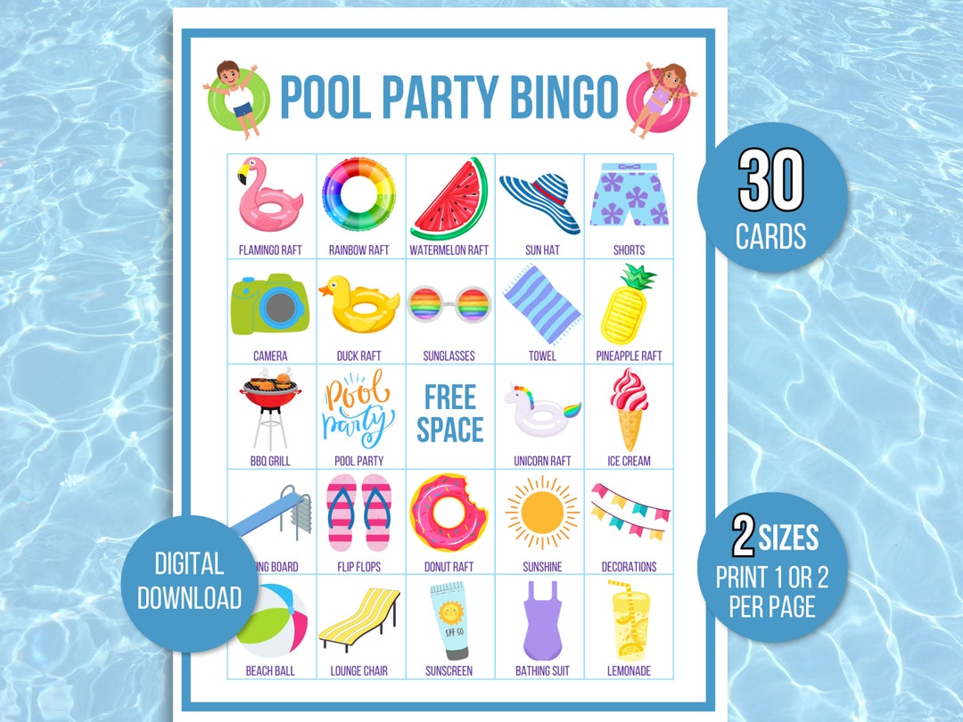 Pool Party Bingo, 30 Unique Printable Pool Bingo Cards, Pool Party Game ...
