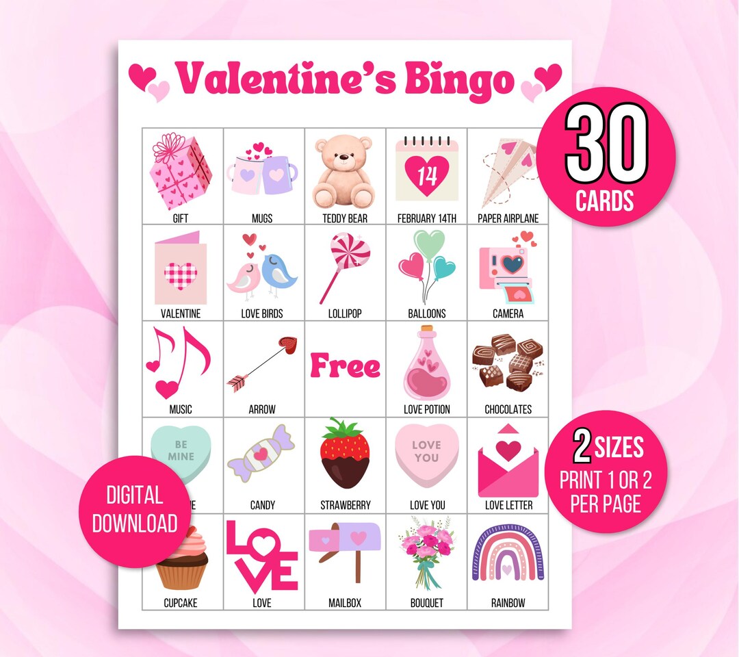 Valentine's Bingo, 30 Valentine's Day Bingo Cards for Kids, Valentines ...